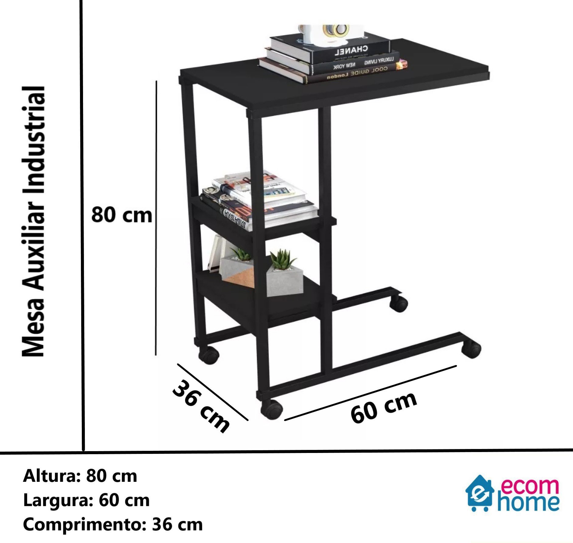 Mesa Auxiliar Lateral para Sofá Cama Preta apoio para Notebook e Livros ...
