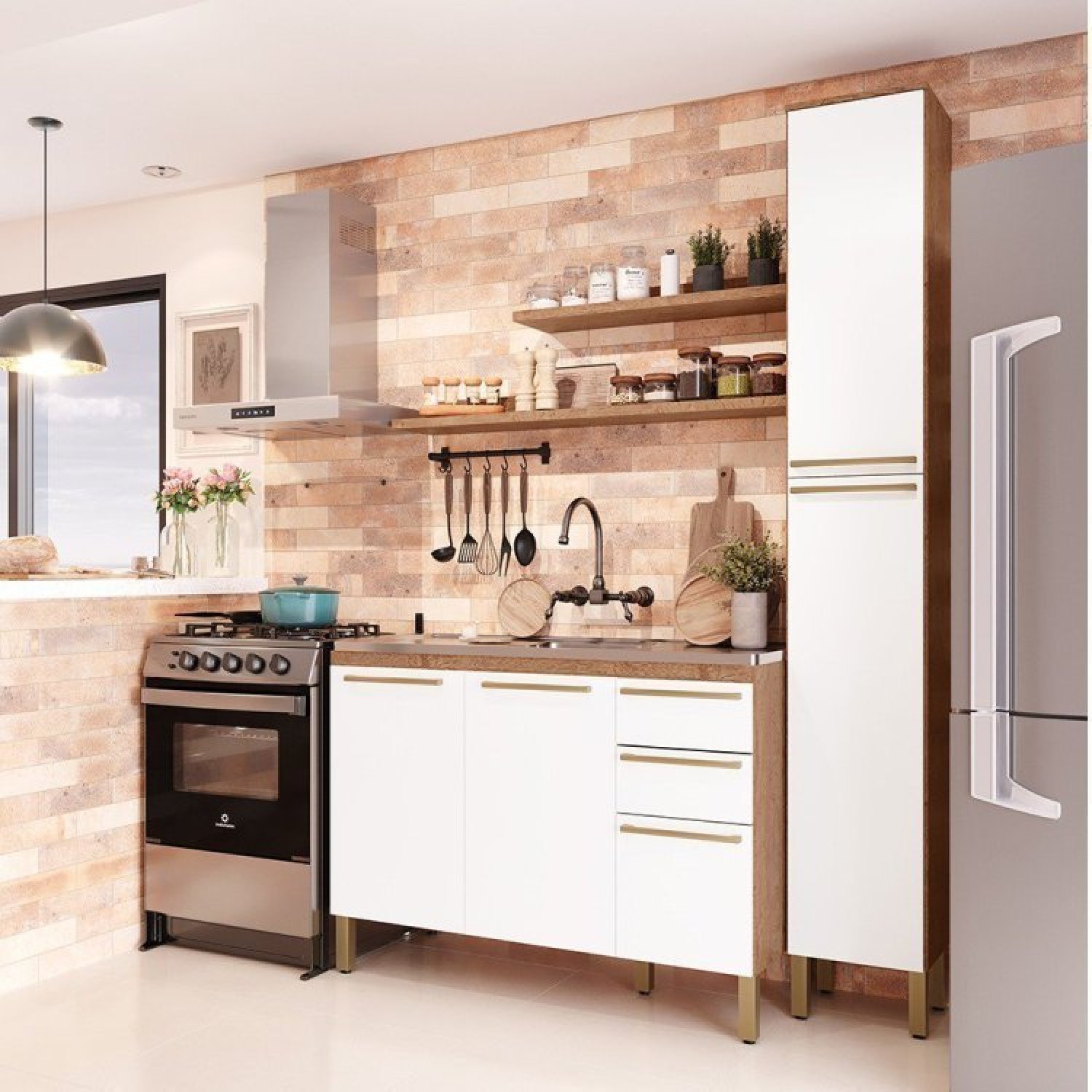 Cozinha Compacta 2 Peças e 2 Prateleiras 5 Portas 2 Gavetas 100% MDF ...