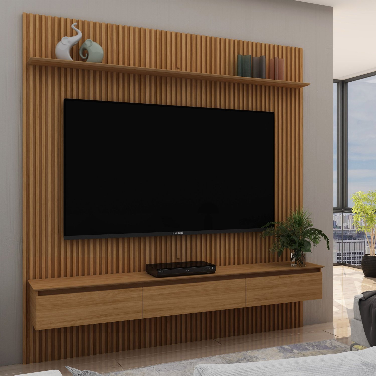 Rack com Painel Ripado Para TV até 75 Polegadas 2 Gavetas Prateleira ...