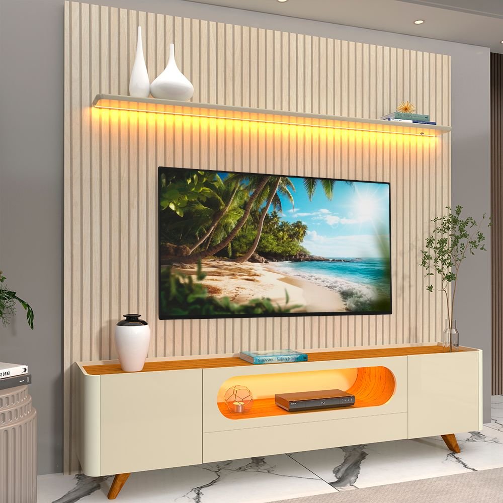 Rack com Painel Ripado para TV até 90 Polegadas 1 Gaveta 2 Portas LED ...