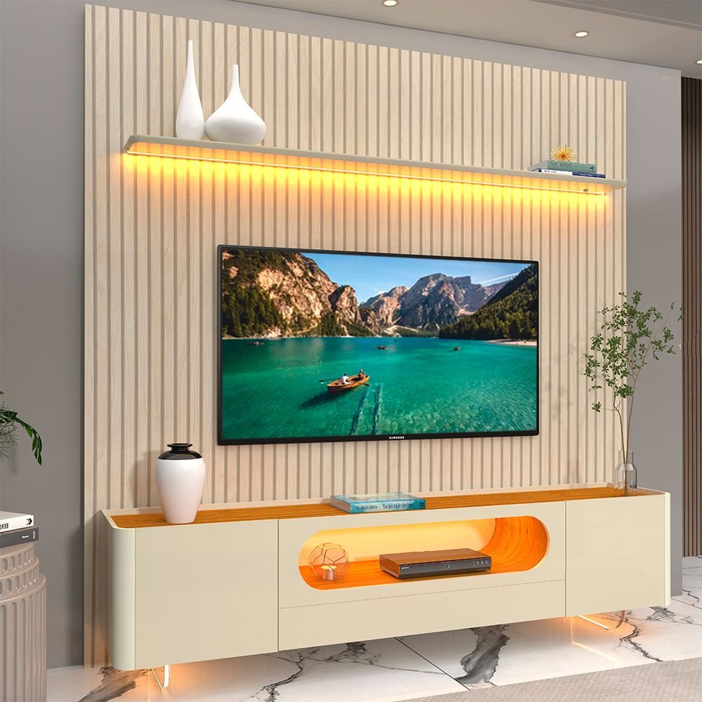 Rack com Painel Ripado para TV até 90 Polegadas 1 Gaveta 2 Portas LED ...