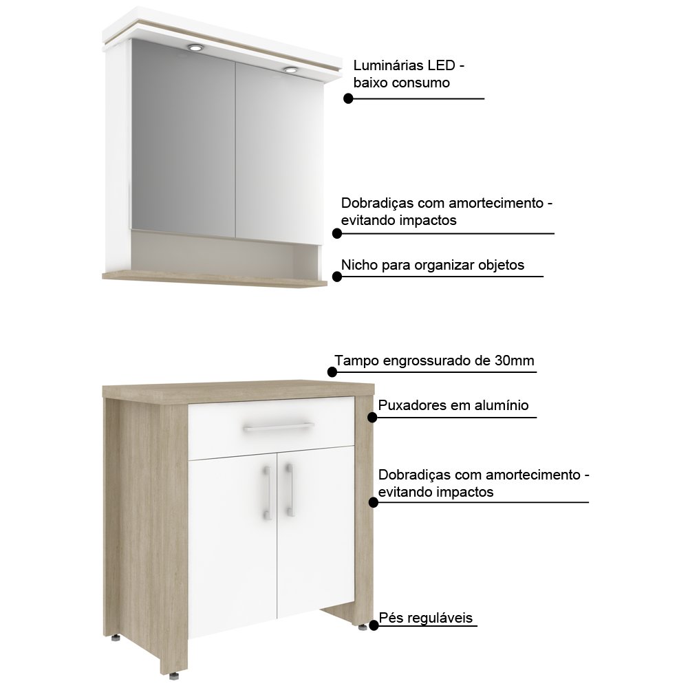 Gabinete para Banheiro 80cm com Cuba e Armário Cewal Branco/patina | MadeiraMadeira