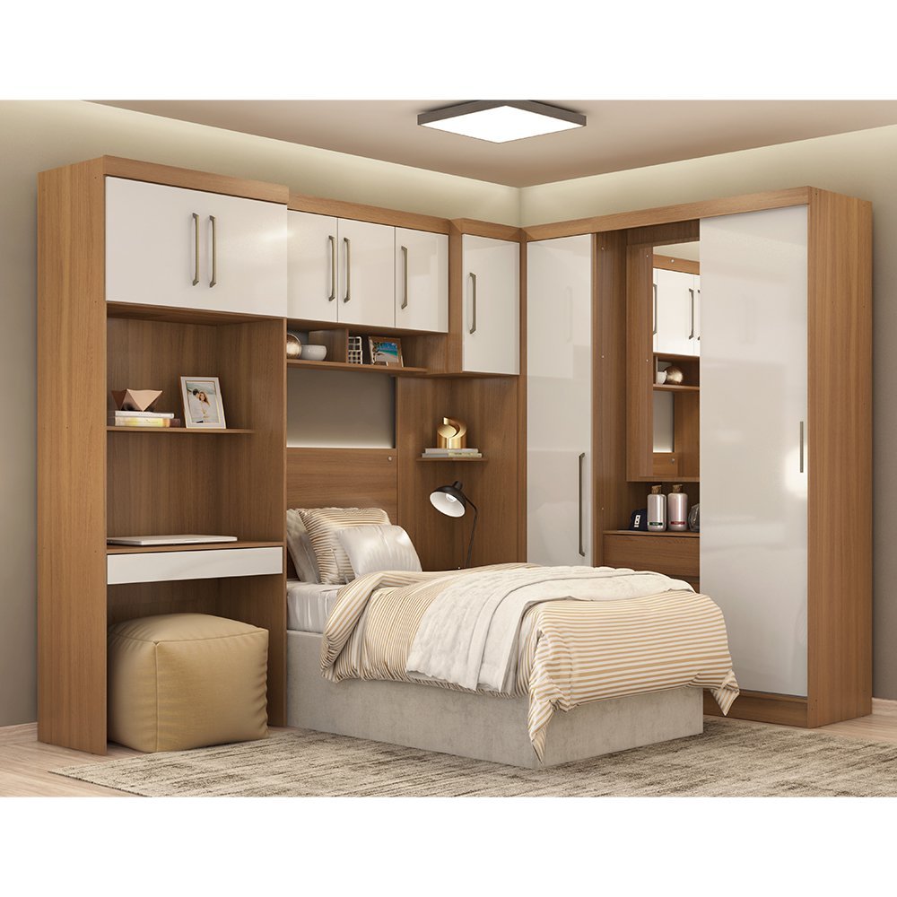 Jogo de Quarto Modulado Módena de Solteiro Amendola/ Branco Roupeiro ...