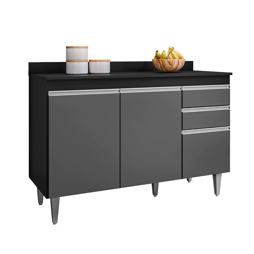 Balcão Cozinha Preto com Grafite 120cm C/ Tampo - Belliv Decor | MadeiraMadeira