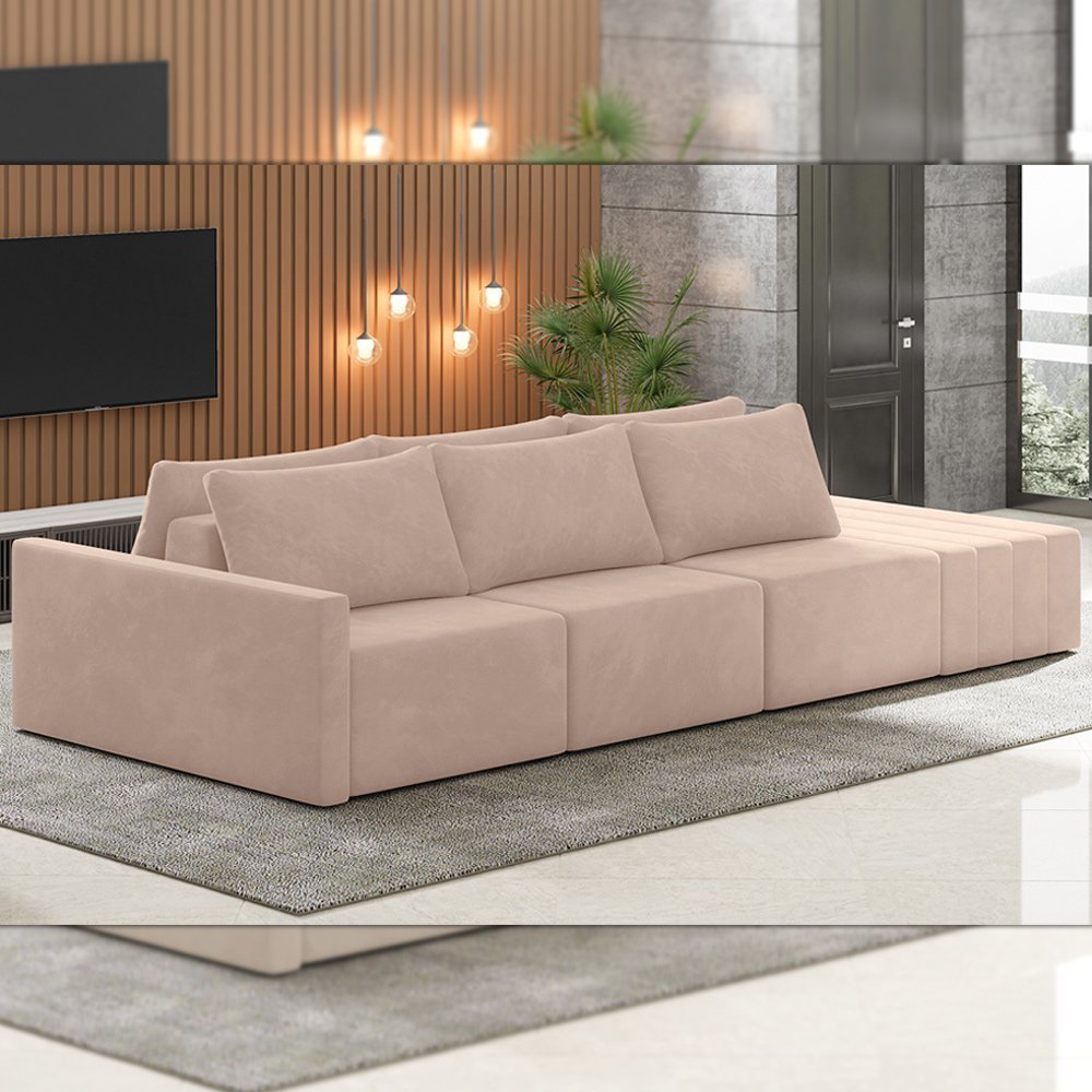 Sofá Ilha Modulado Milos 342cm Puff Lateral Veludo Rosê G33 - Gran Belo ...