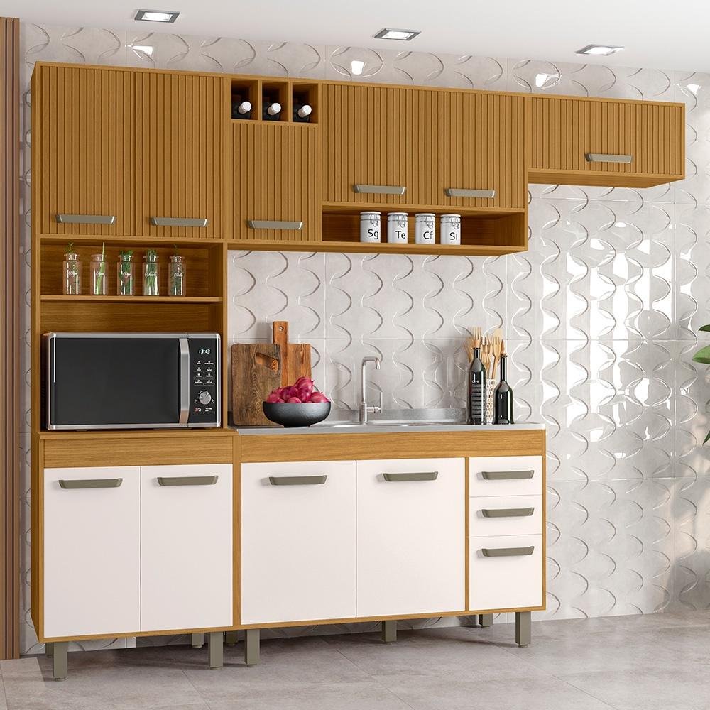 Cozinha Compacta 04 Peças 11 Portas 02 Gavetas Malta Freijó Ripado Off ...