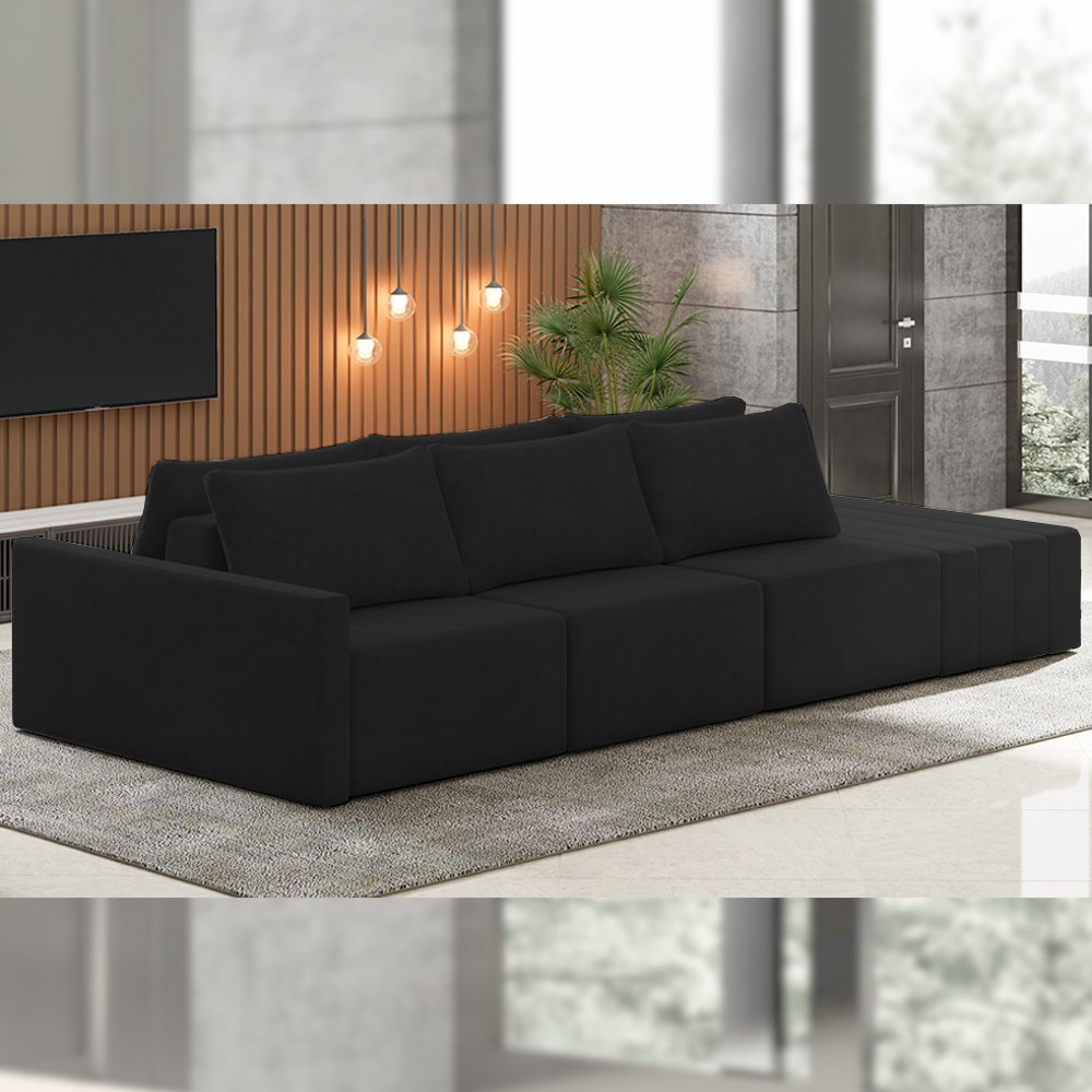 Sofá Ilha Modulado Milos 342cm Puff Lateral Veludo Cinza Escuro G33 ...