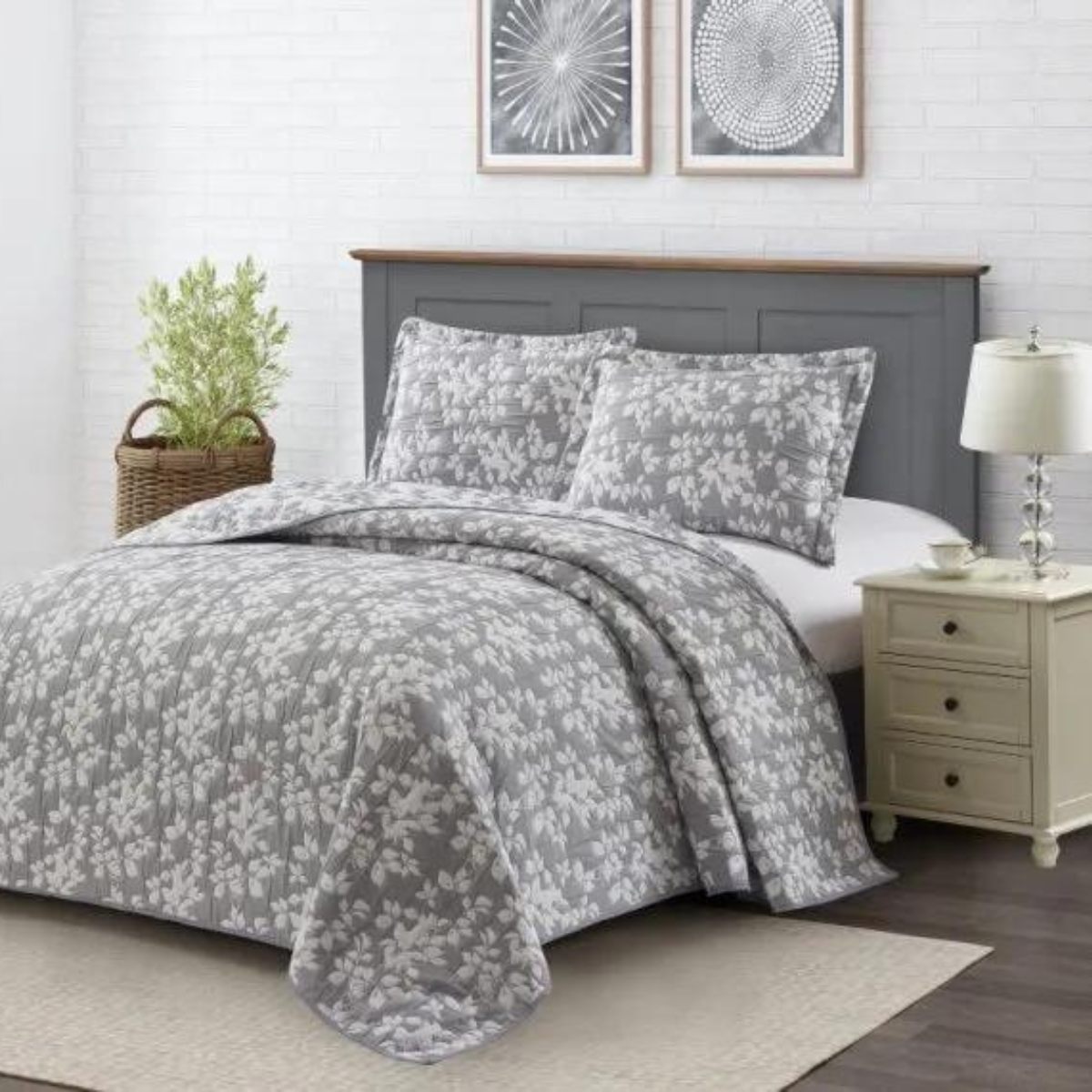 Kit Colcha King 3 Peças Eternity:cinza/florido | MadeiraMadeira