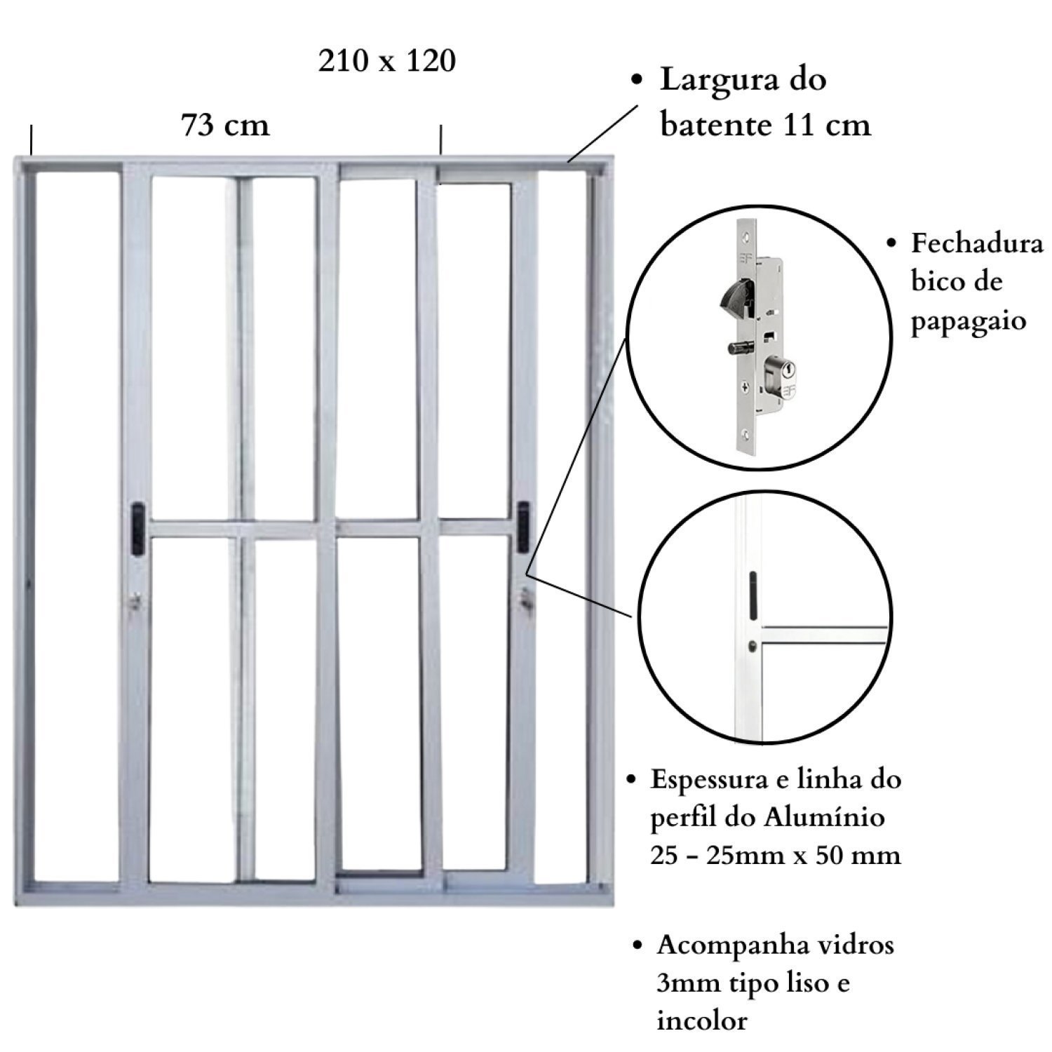 Porta Sacada de Alumínio 3 Folhas Sequenciais Móveis 210 x 120cm Linha 25 Esquadrias Bergamo ...
