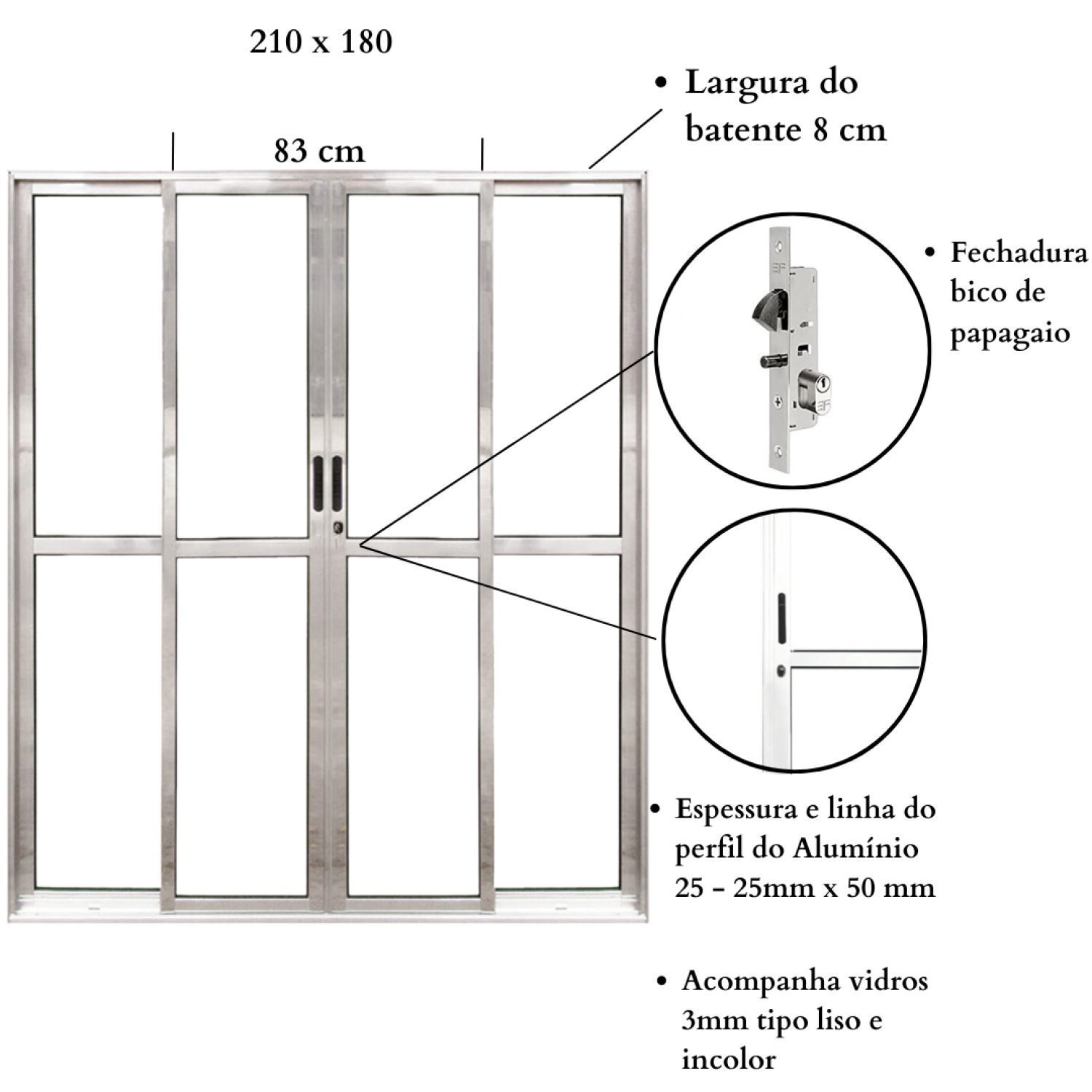 Porta Sacada de Alumínio 4 Folhas 210 x 180cm com Fechadura Linha 25 ...