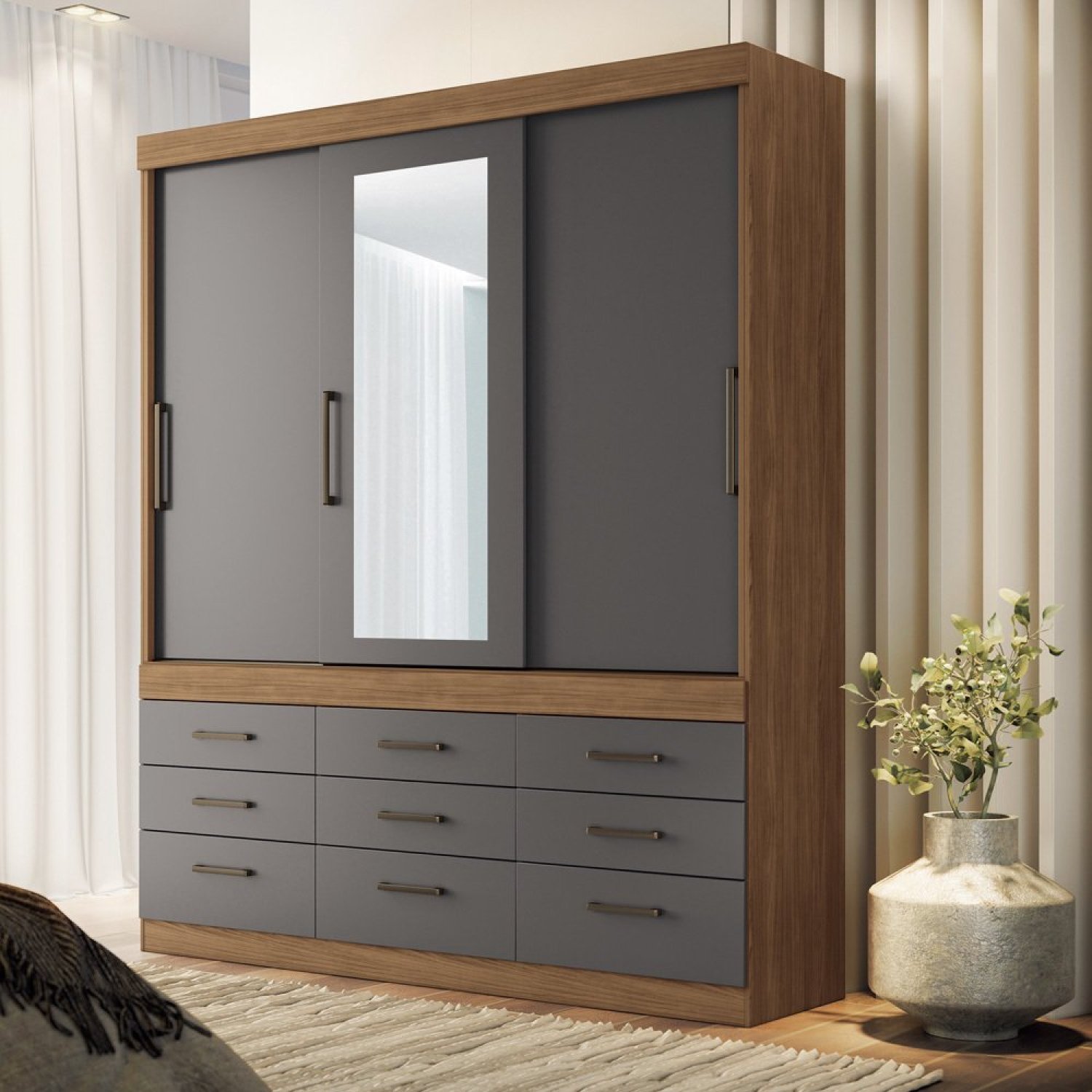 Guarda Roupa Casal 3 Portas de Correr 9 Gavetas Click com Espelho | MadeiraMadeira