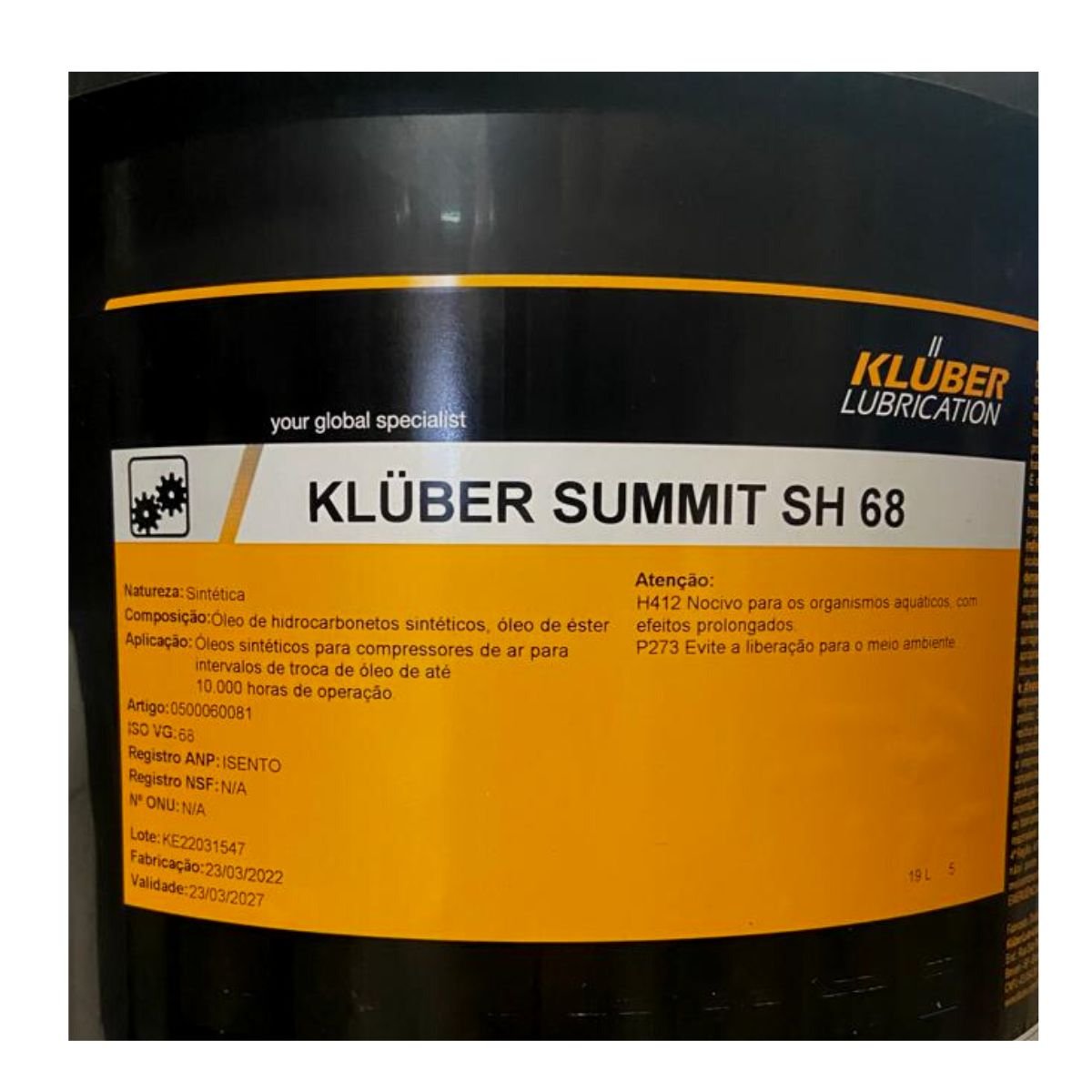 Óleo Sintético Compressores De Ar 10.000 Horas 19 Litros - Kluber Summit SH 68 KLÜBER ...