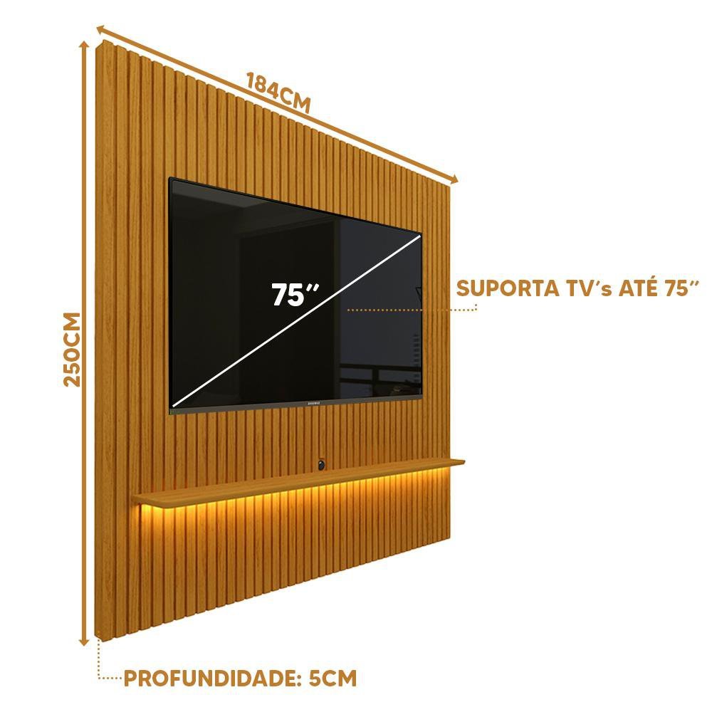 Painel Ripado Para Sala TV Até 75 Polegadas Com LED Naturale Notável Shop JM | MadeiraMadeira