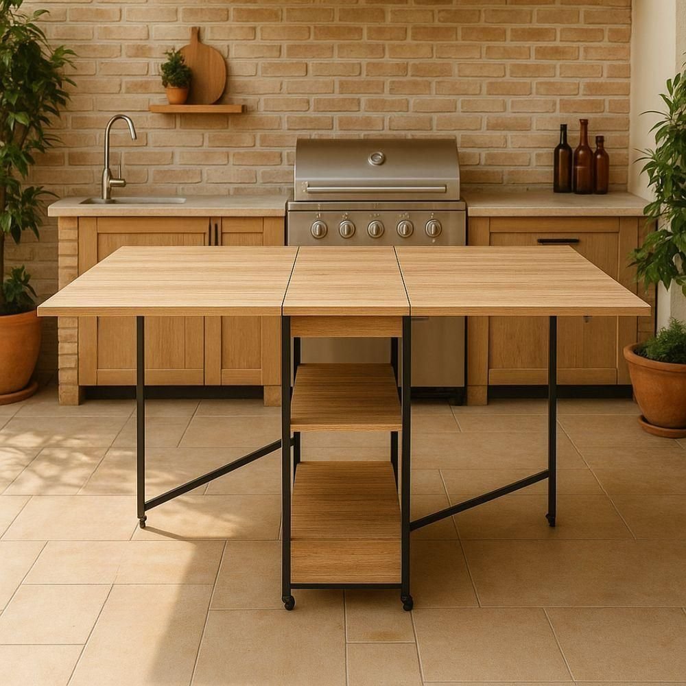 Bancada Alta Dobrável 2m Amadeirado Claro Ergonômica Multiuso para Atelier Festa Cozinha Mdf ...