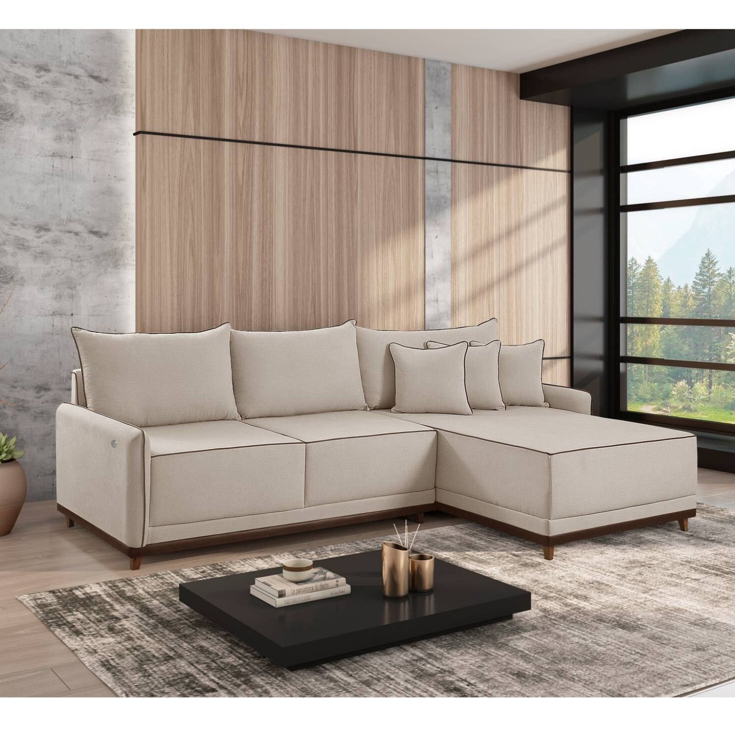 Sofá Linho 3 Lugares 264cm com Chaise Lado Direito e Kit Usb Barra ...