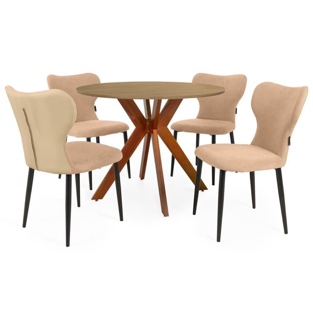 Conjunto Mesa de Jantar Redonda Marci 100cm Natural com 4 Cadeiras ...