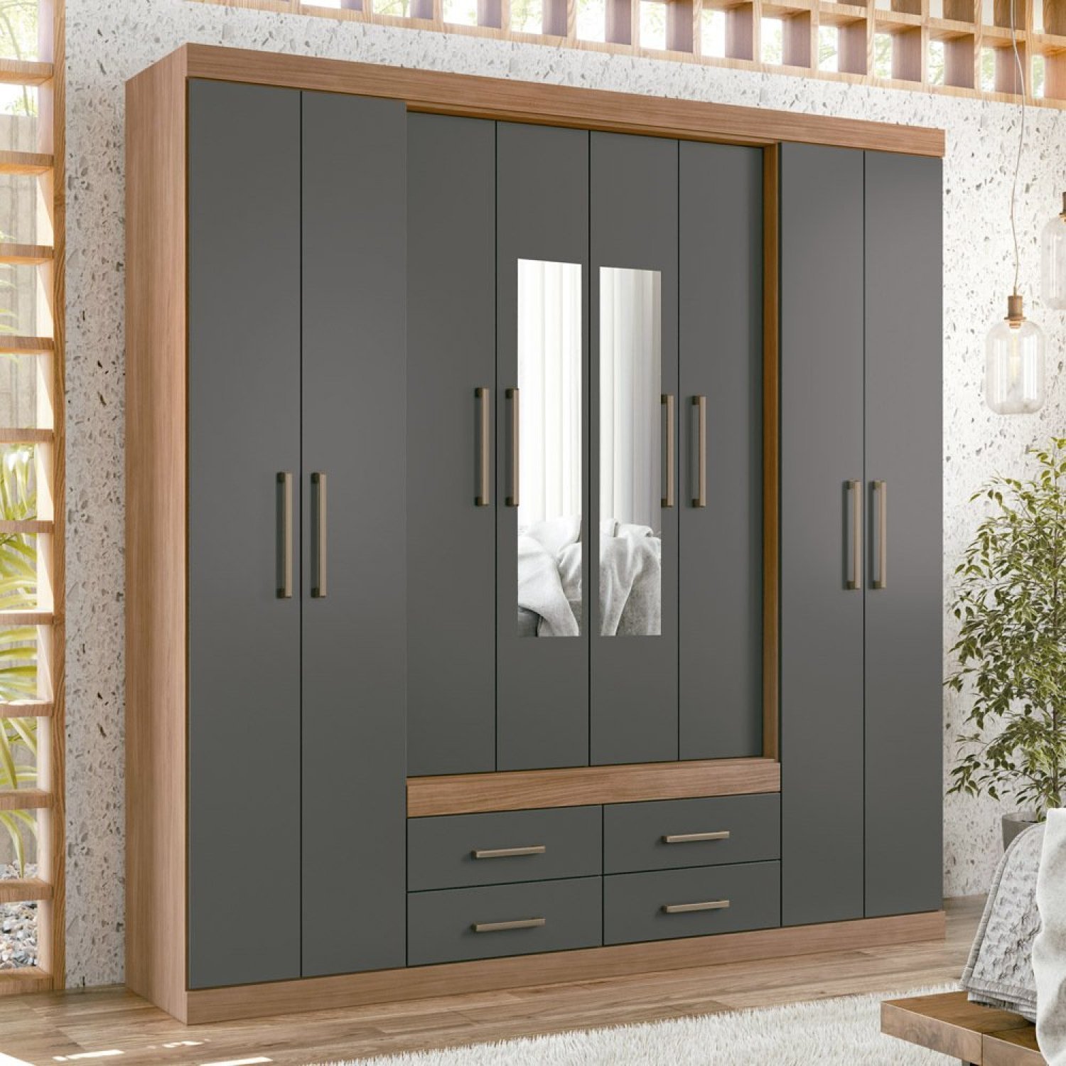 Guarda Roupa Casal 8 Portas 4 Gavetas Nápoles com Espelhos | MadeiraMadeira