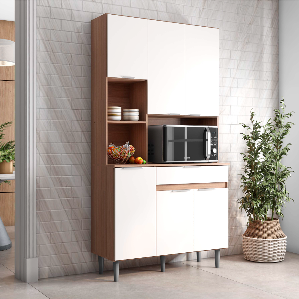 Kit Cozinha 6 Portas 1 Gaveta Kempsey Carvalho Off-White | MadeiraMadeira
