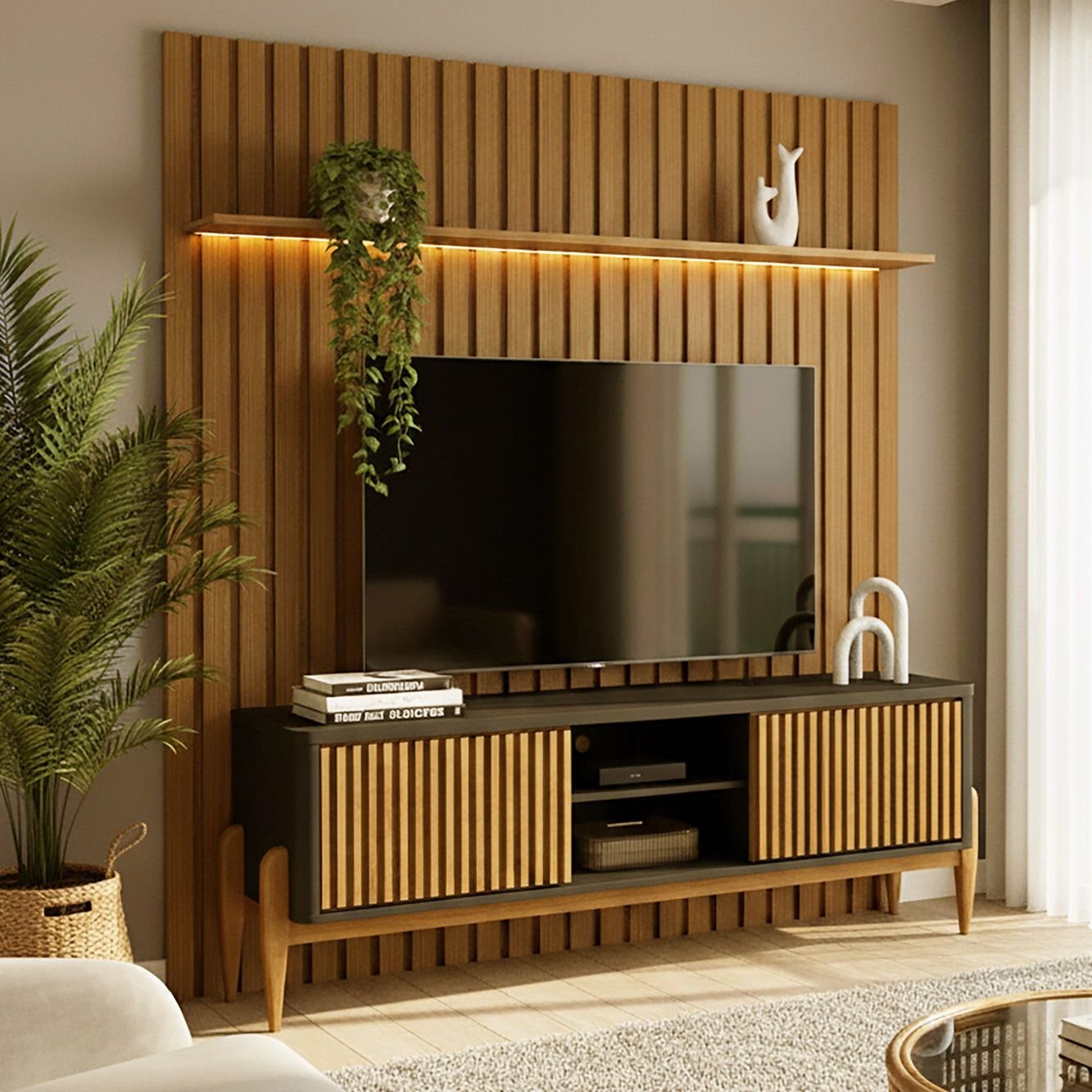 Painel Ripado Led para Tv até 70” + Rack Ripado Sereno 1600 com Portas ...