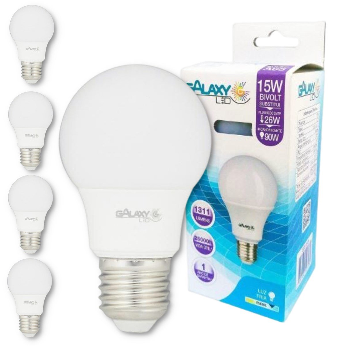 Kit 5 - Lampada LED Bulbo A60 - 15W - Branco Frio 6500k - Bivolt - E27 - Galaxy LED | MadeiraMadeira
