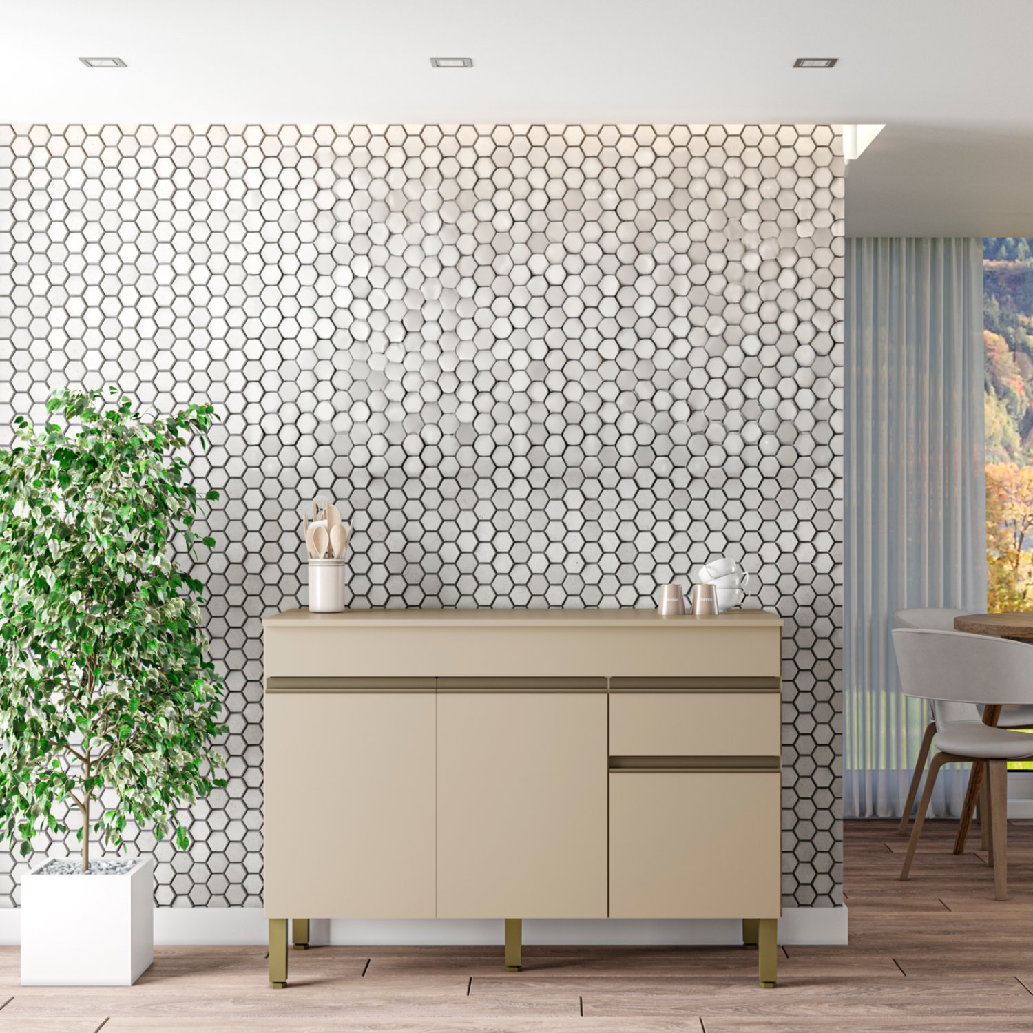 Balcão 3 Portas 1 Gaveta 120cm com Tampo Line | MadeiraMadeira