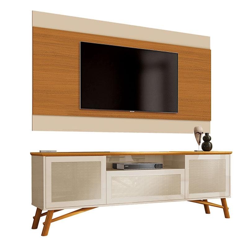 Rack Com Painel 1.8 Com Rattan TV 58 Pol Dante EAX Móveis Off White/Cedro | MadeiraMadeira