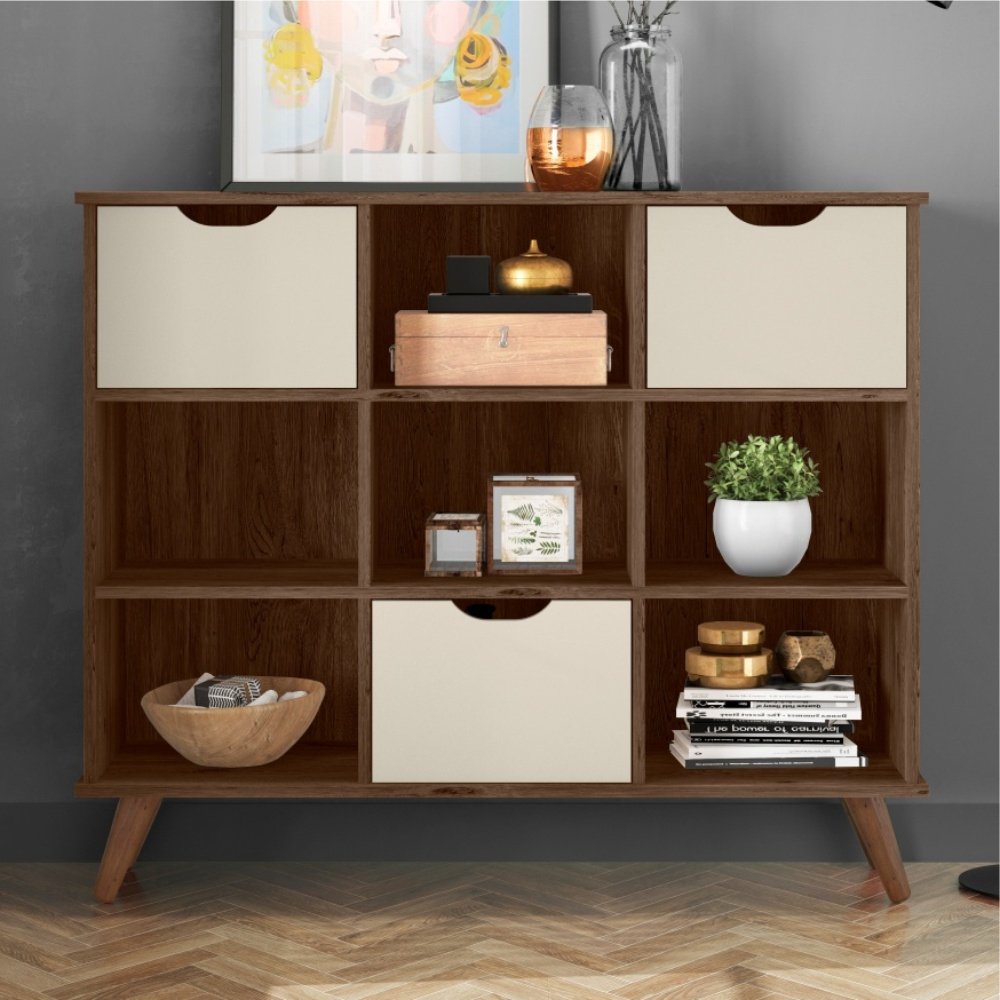 Nicho Organizador Retrô Yolanda Ébano Rústico com Gavetas Off White ...