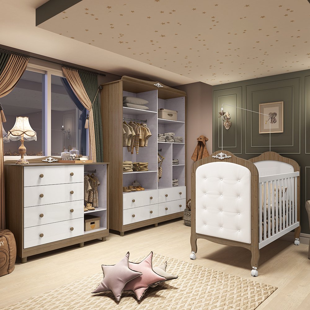 Quarto de Bebê com Guarda Roupa Cômoda com Janelas e Berço com Capitonê ...