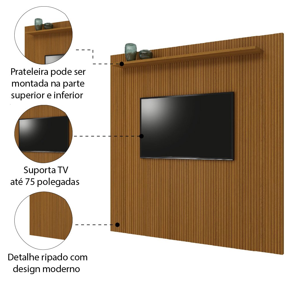 Painel Para Tv Até 75 Polegadas Ripado Impressão 3D Egeo Com Prateleira 2,25m Cedro EDN ...