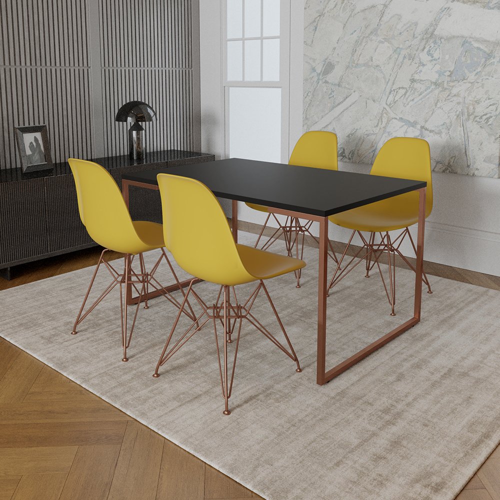 Mesa Industrial Base Ferro Cobre 137x90 Tampo Preto 4 Cadeiras Eiffel ...