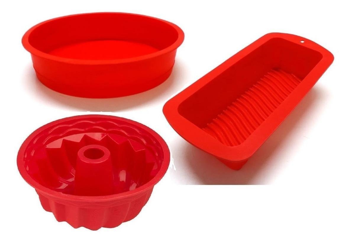 Kit Forma De Bolo Silicone Assadeira Torta 3 Peças Vermelho ...