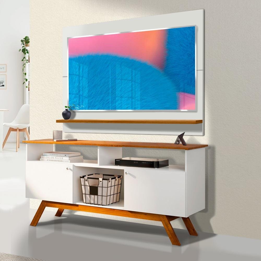 Rack Com Painel Para Sala TV 55 Polegadas Branco Madeira Amsterdã Vênus ...