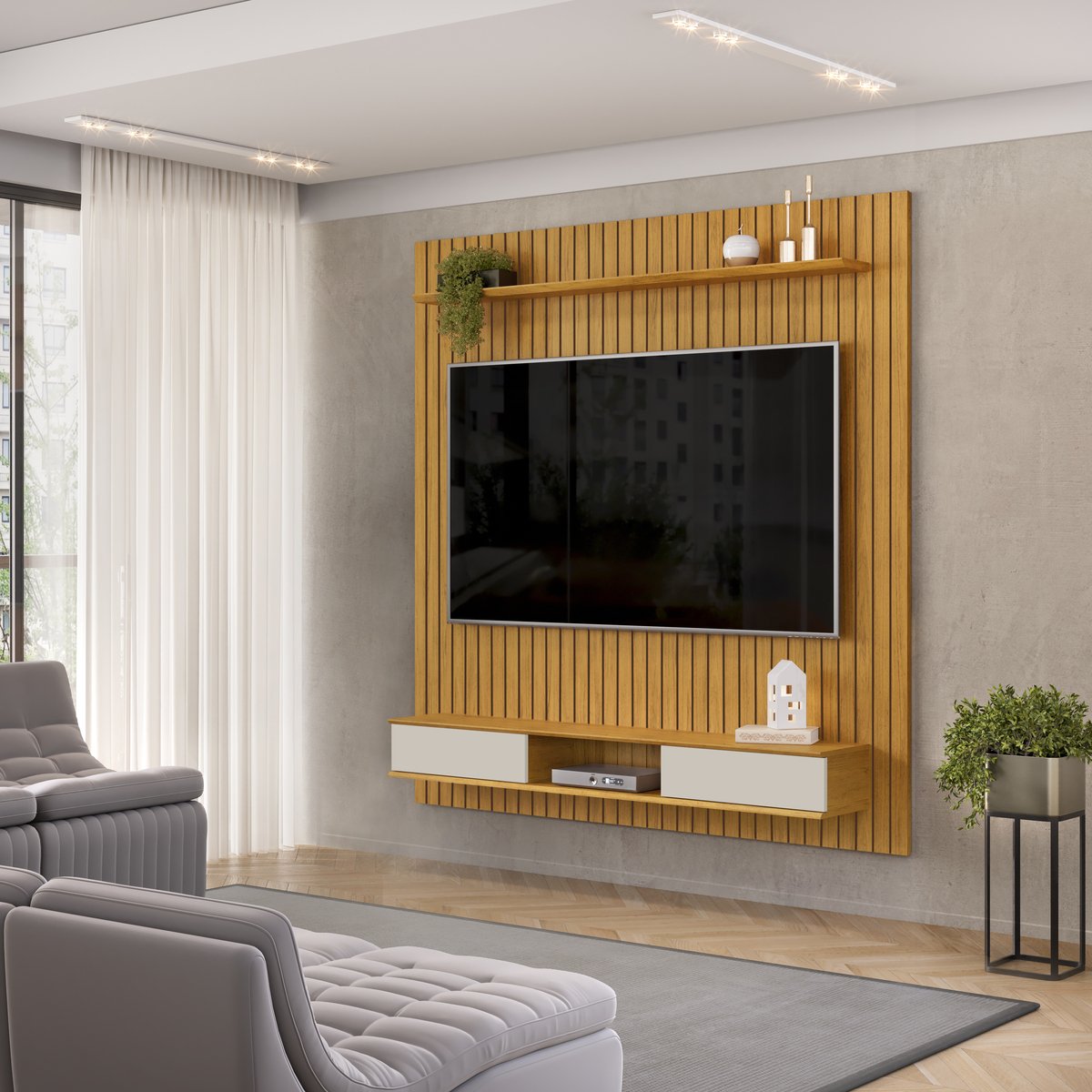 Painel Frisado para Tv 70" Lexus Cedro Bali Dj Móveis | MadeiraMadeira