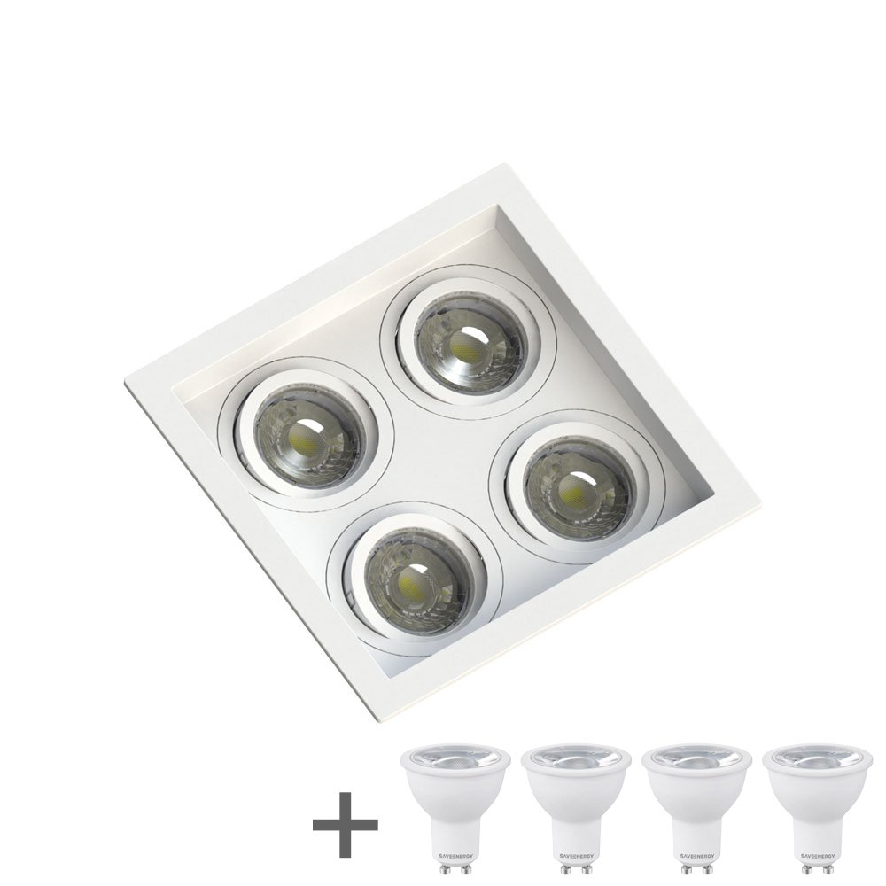 Spot Quadruplo Embutir Quadrado Recuado Mr16 + Led 7w Lâmpada:6500k Fria;Cor:Branco | MadeiraMadeira