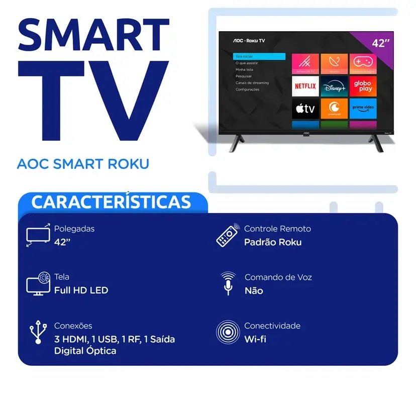 Smart TV 42" AOC Full HD 42S5045/78G com Processador Quad Core, Sistema ...