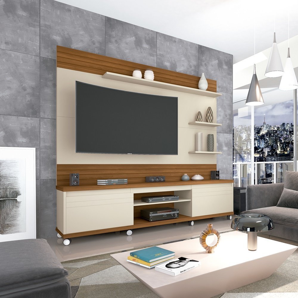 Home Theater Cedro TV 55" Rodízios Porta Nicho Off White Cumaru Germai | MadeiraMadeira