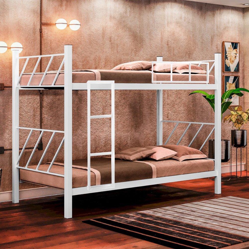 Beliche de Aço Estilo Industrial com Escada e Grade de Proteção Branco ...