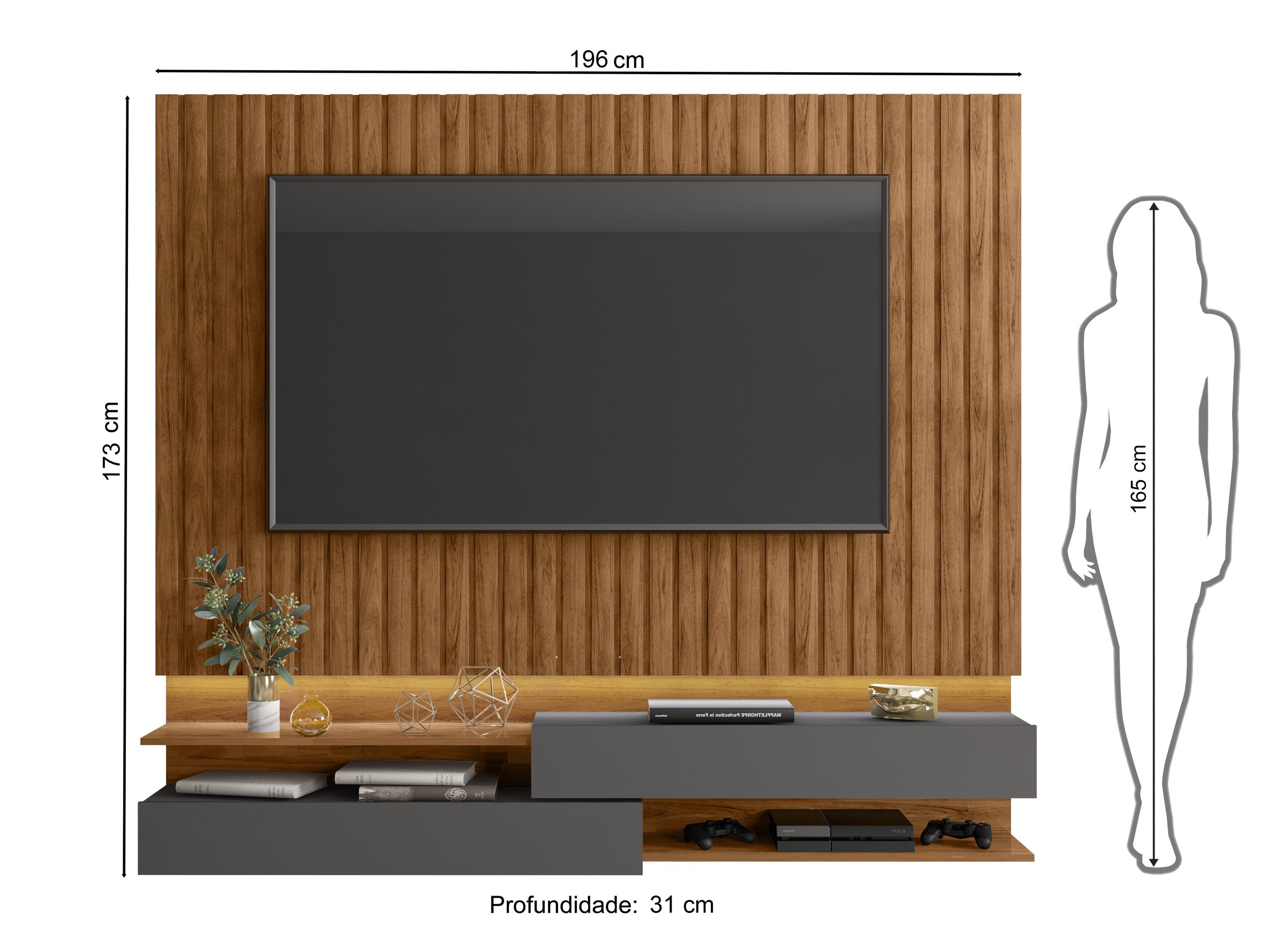 Painel para Tv até 75 Polegadas Ripado Felix com Led:freijó | Cinza Urbano | MadeiraMadeira