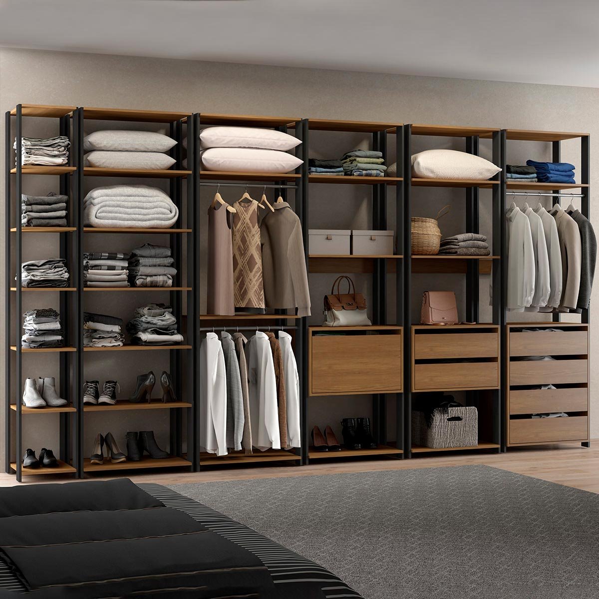 Guarda Roupa Estilo Industrial Carvalho/Cinza 6 Peças Modulado MDP ...