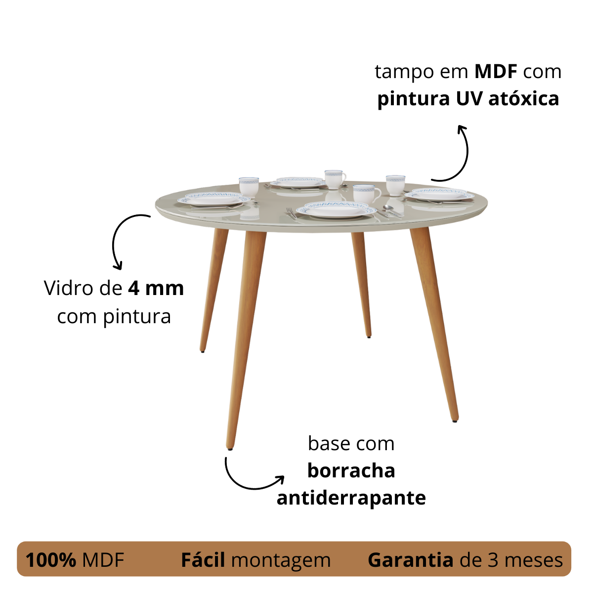 Mesa de Jantar Redonda 4 Lugares com Pés Palito e Tampo de Vidro Mdf:off White | MadeiraMadeira