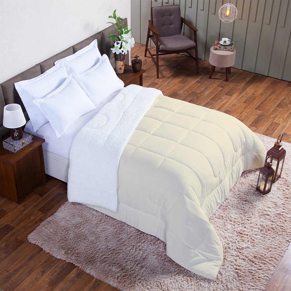 Edredom Sherpa Queen Tipo Lã de Carneiro Dupla Face Bege Casa Dona ...