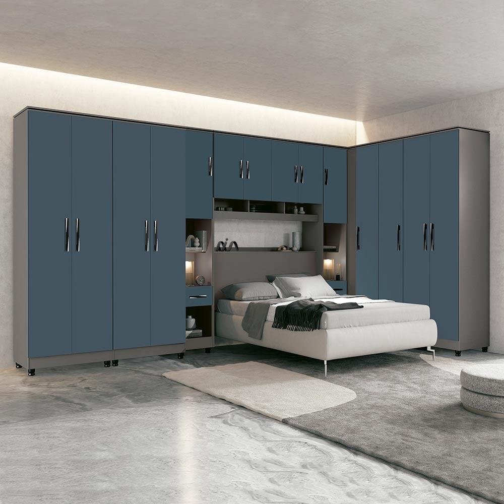 Guarda Roupa Modulado Casal 8 Peças 14 Portas Grafite Azul Delta Fênix ...