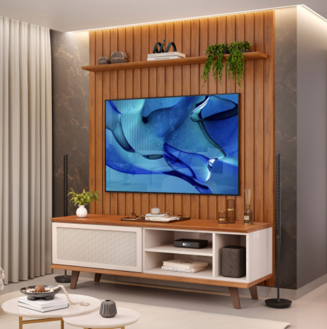 Rack com Painel Ripado 143,7 x 212 cm TV Até 60 Polegadas Freijó Off White Bristol Pratic DJ ...