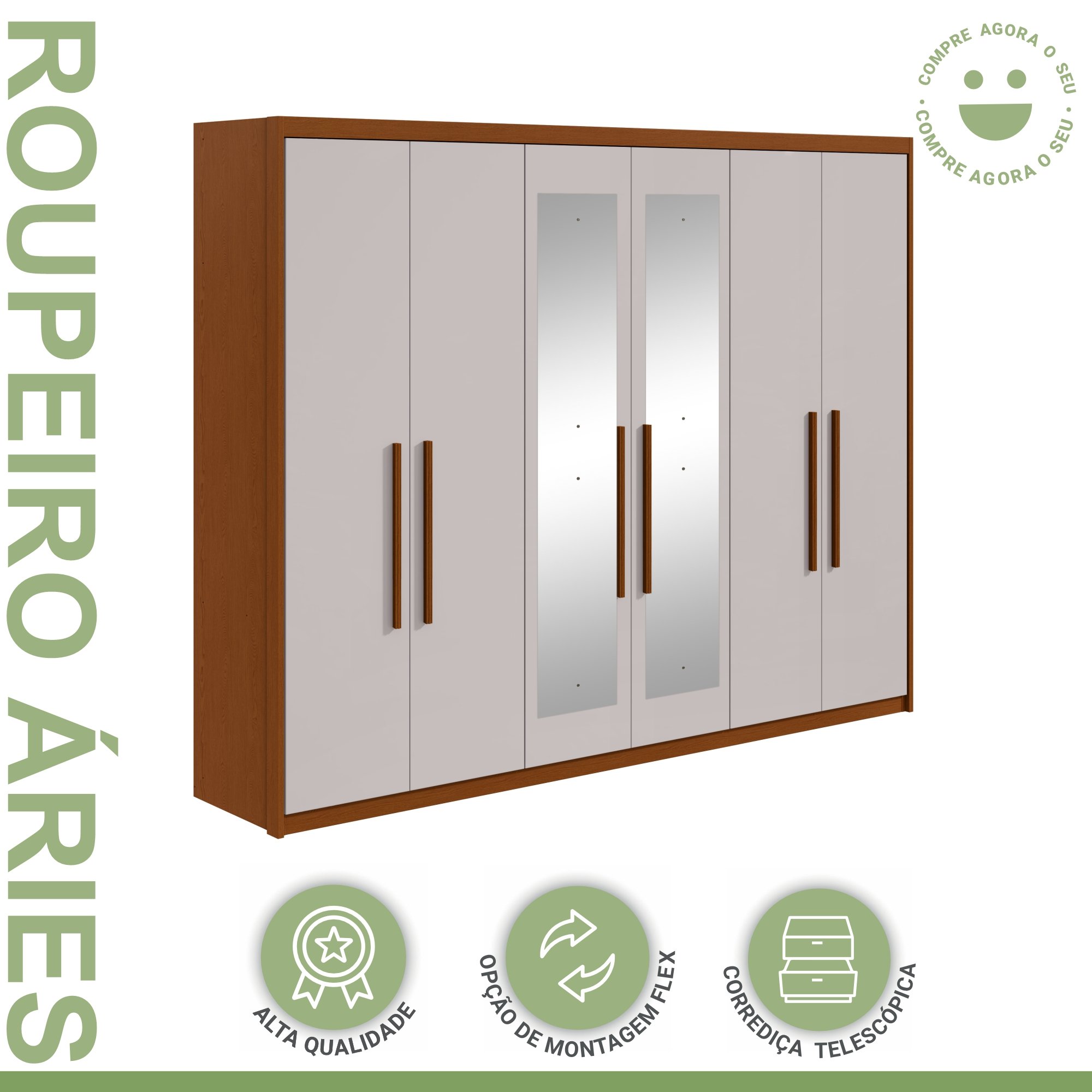 Guarda-roupa 6 Portas 5 Gavetas Áries com Espelho | MadeiraMadeira