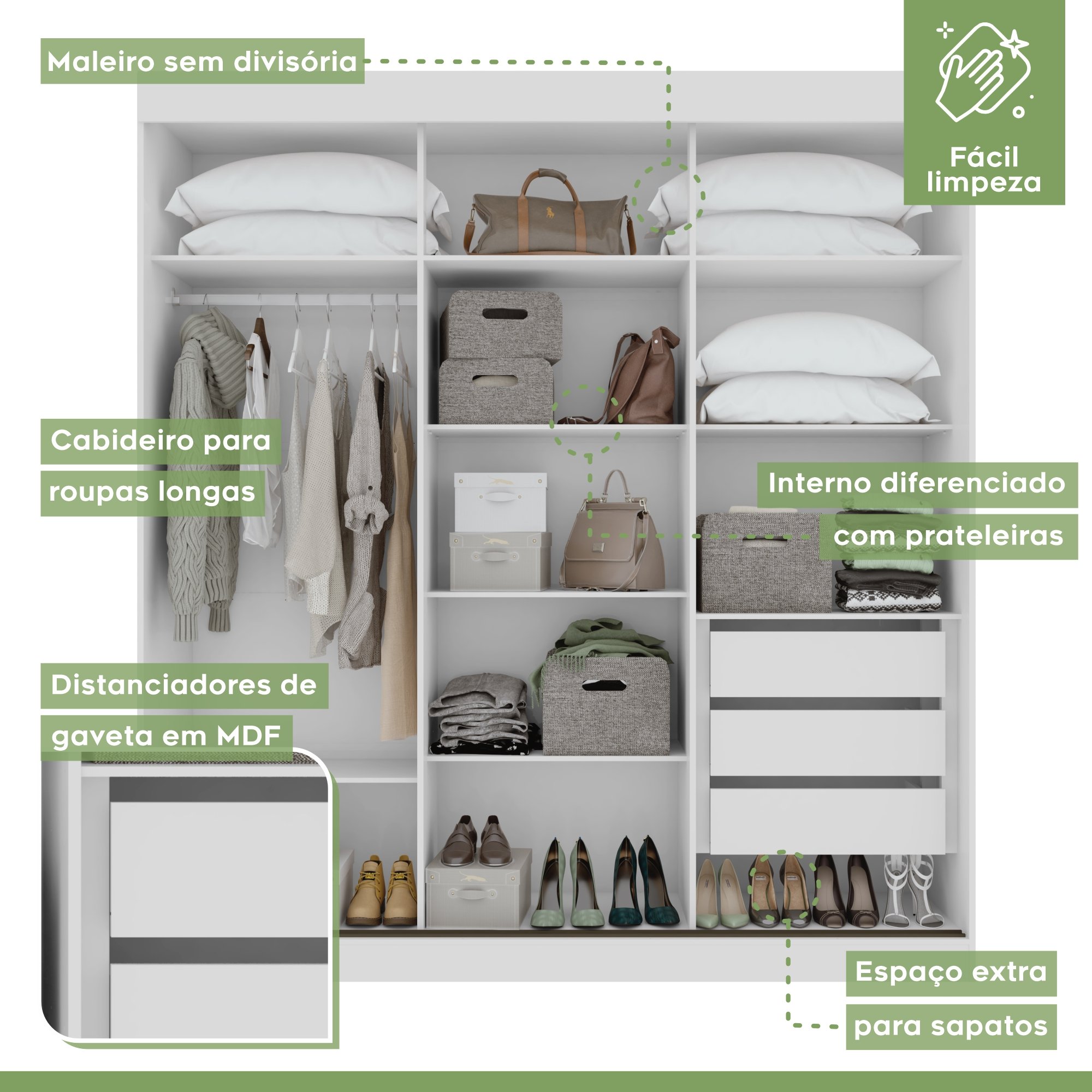 Guarda-roupa 3 Portas 3 Gavetas Saion Plus 1 Porta Glass | MadeiraMadeira