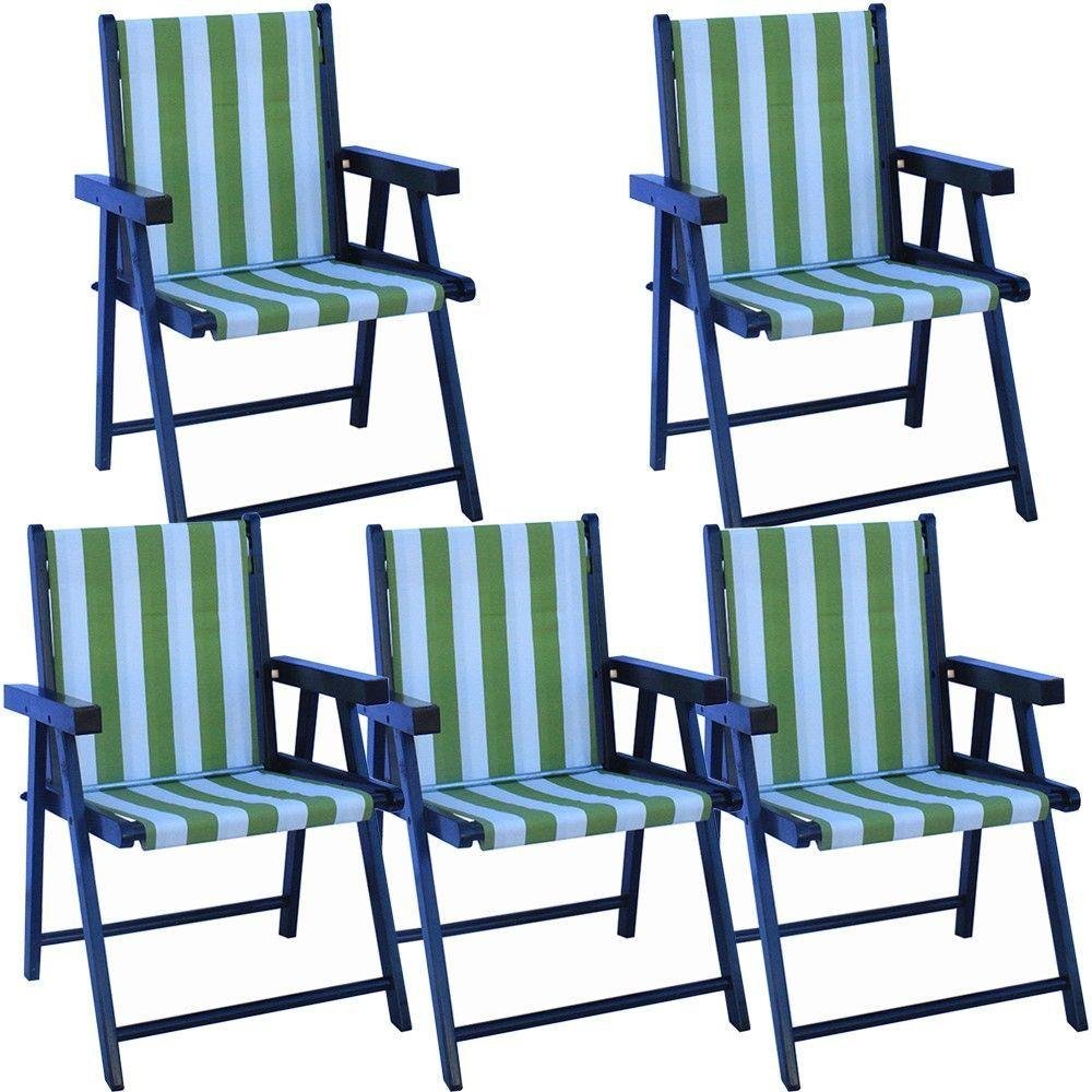Kit 5 Cadeira Praia Dobrável Madeira Black-list Verde-branco ...