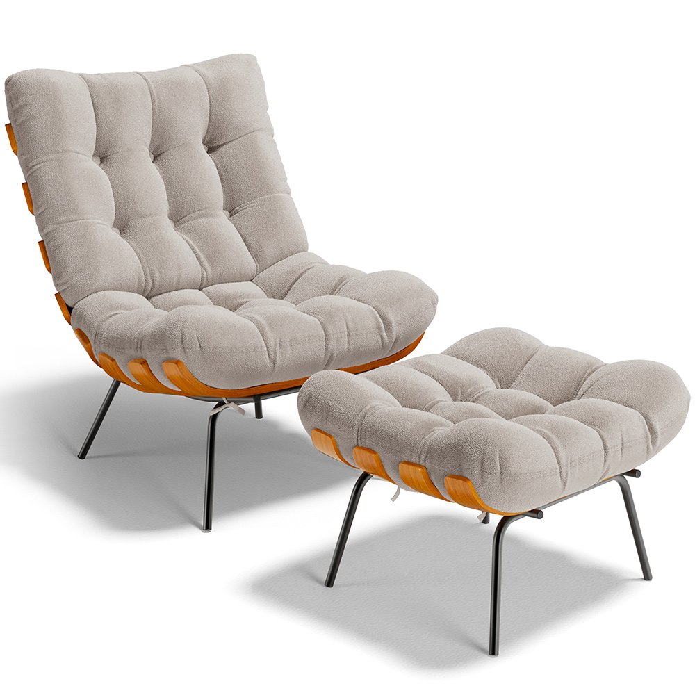Poltrona Costela L02 com Puff Sala de Estar Bouclê Creme - Lyam Decor ...