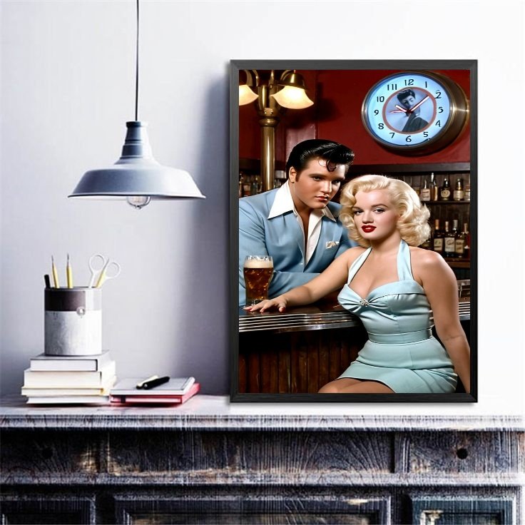 Quadro Decorativo Marilyn e Elvis no Bar 33x24cm - com Vidro:moldura Branca | MadeiraMadeira