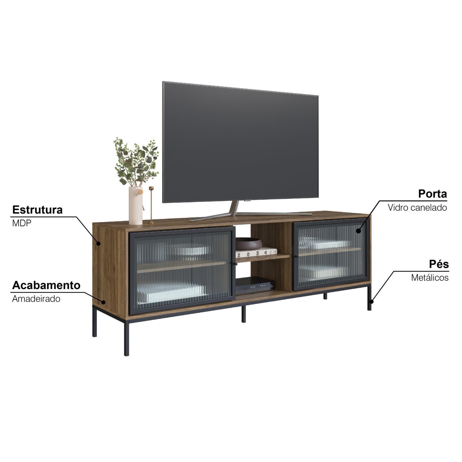 Rack para TV até 65 Polegadas com 2 Portas e 3 Prateleiras Euforia ...