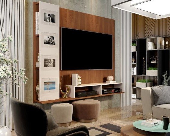 Painel Suspenso Home TV Até 50 Polegadas 2 Nichos Prateleiras E 4 Porta ...